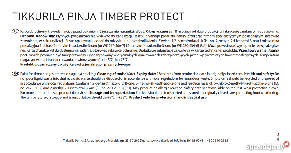 Pinja Timber 3L TIKKURILA przeciw pękaniu drewna Rzeszów - Sprzedajemy.pl