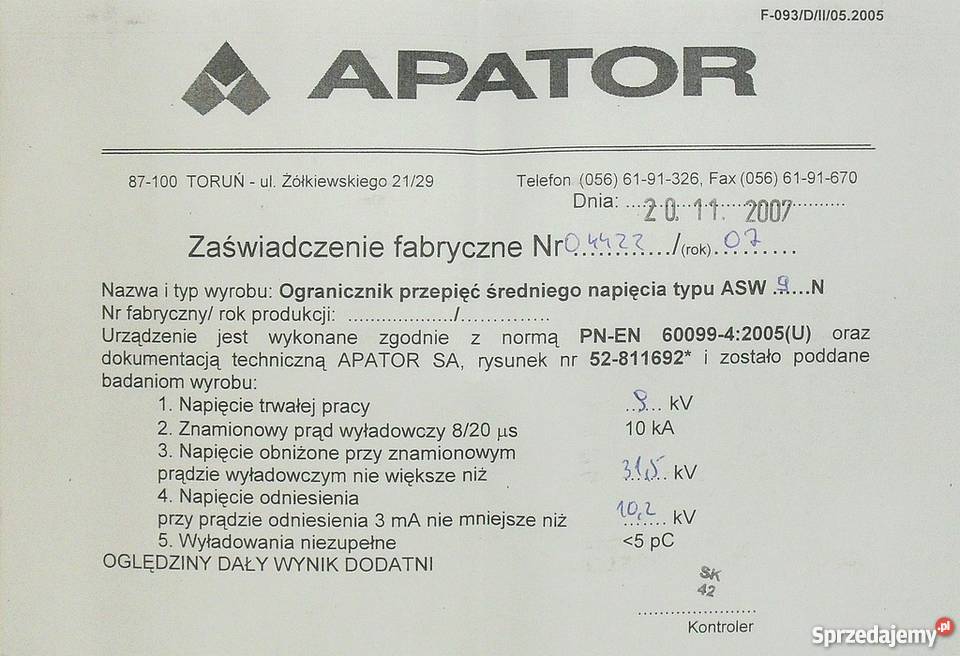Ogranicznik Przepięć Sn Apator Typu Asw 9n 9 Kv 10 Ka Gliwice