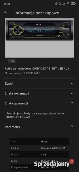 Radio samochodowe Sony DSX-A416BT Bluetooth USB AUX Gwarancja Warszawa - Sprzedajemy.pl