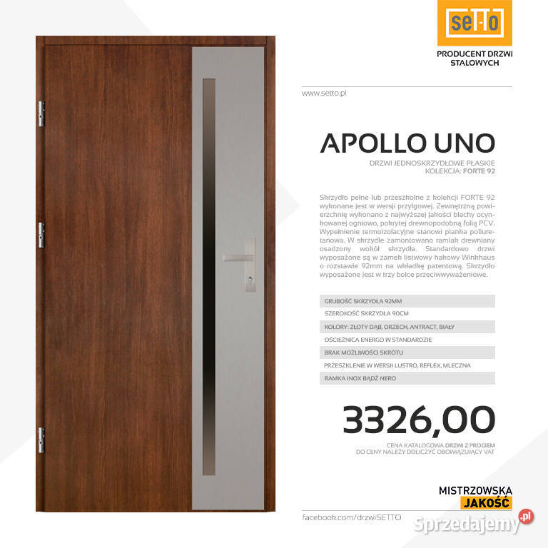 Drzwi zewnętrzne stalowe SETTO model APOLLO UNO 92 Konin - Sprzedajemy.pl
