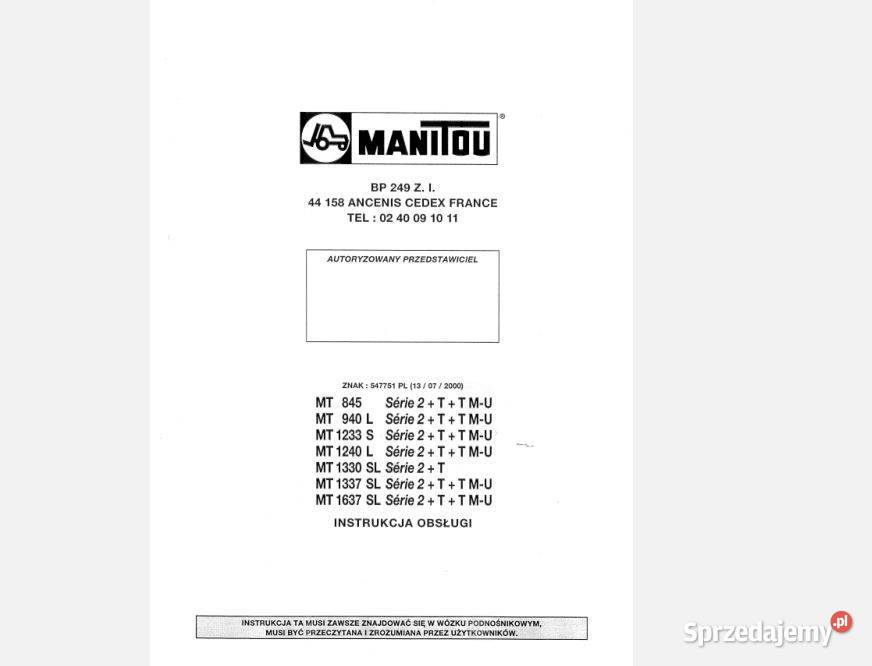 Manitou 1330 SL, 1337 SL, 1637 SL instrukcja obsługi PL Kielce ... Manitou 1330 SL, 1337 SL, 1637 SL instrukcja obsługi PL Kielce ...