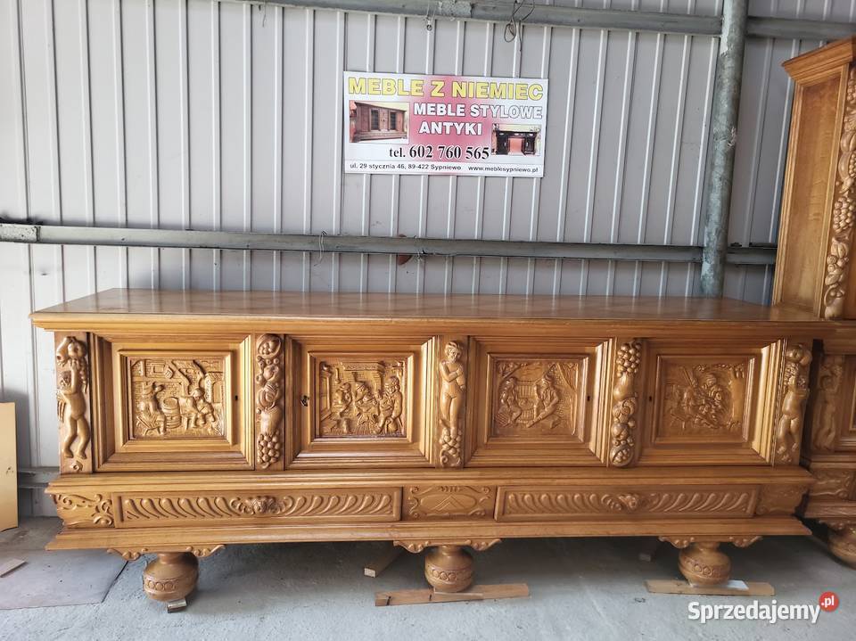 Meble dębowe ręcznie rzeźbione figuralnie komoda serwantka biblioteka ...